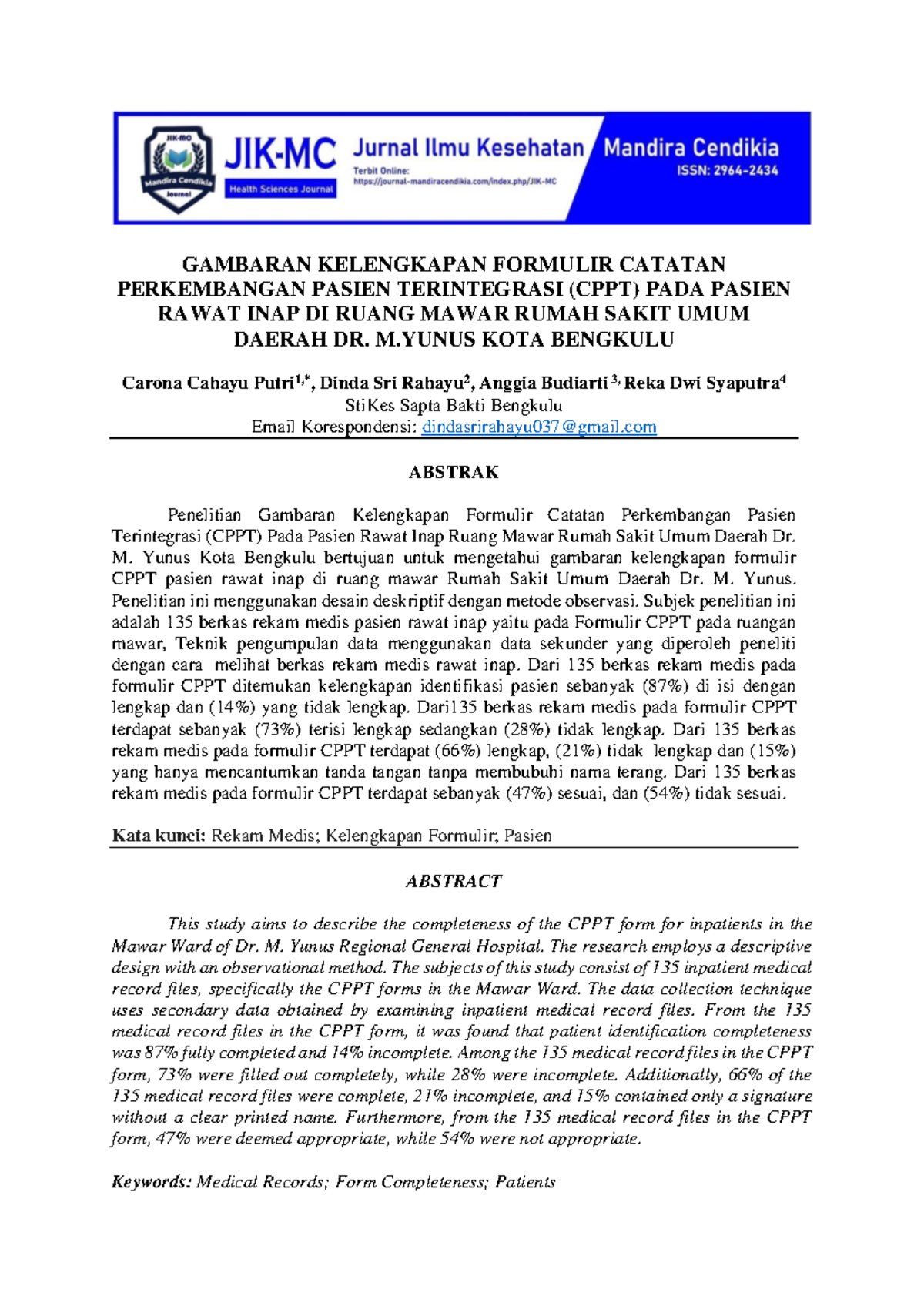 GAMBARAN KELENGKAPAN FORMULIR CPPT PASIEN RAWAT INAP DI RSUD DR. M ...