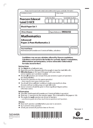 JUNE 2019 PURE Shadow Paper 1 - Pearson Edexcel Level 3 GCE Mathematics Advanced Subsidiary ...