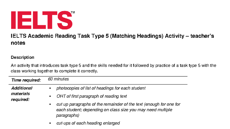 IELTS Academic Reading Task Type 5: Matching Headings Activity Notes ...