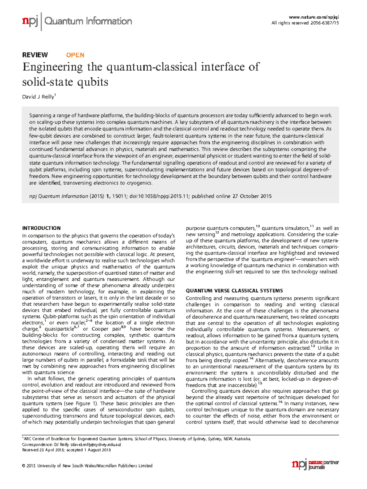 Engineering the Interface of Qubits: A Review (NPJQI 2015) - Studocu