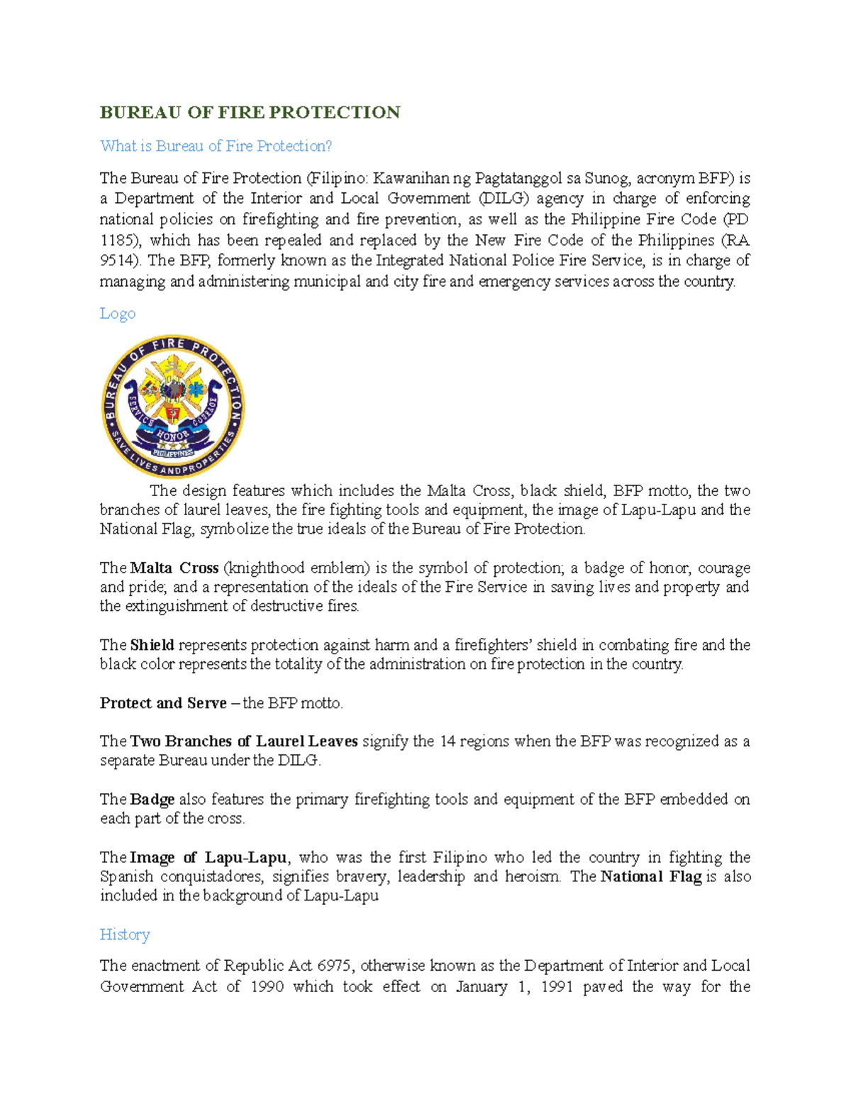 BFP Overview: Functions, Legal Mandates, and Historical Insights - Studocu