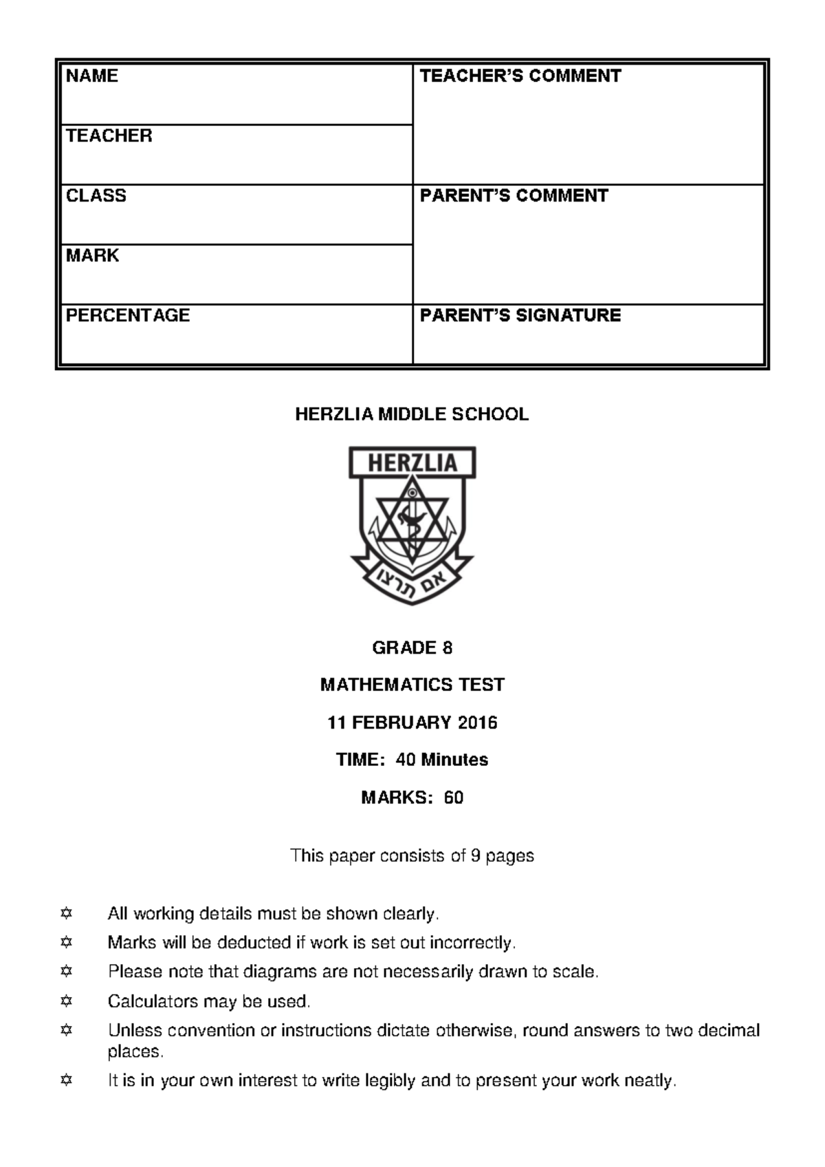Grade 8 Mathematics Test (8-Maths) - 11 Feb 2016 - Studocu
