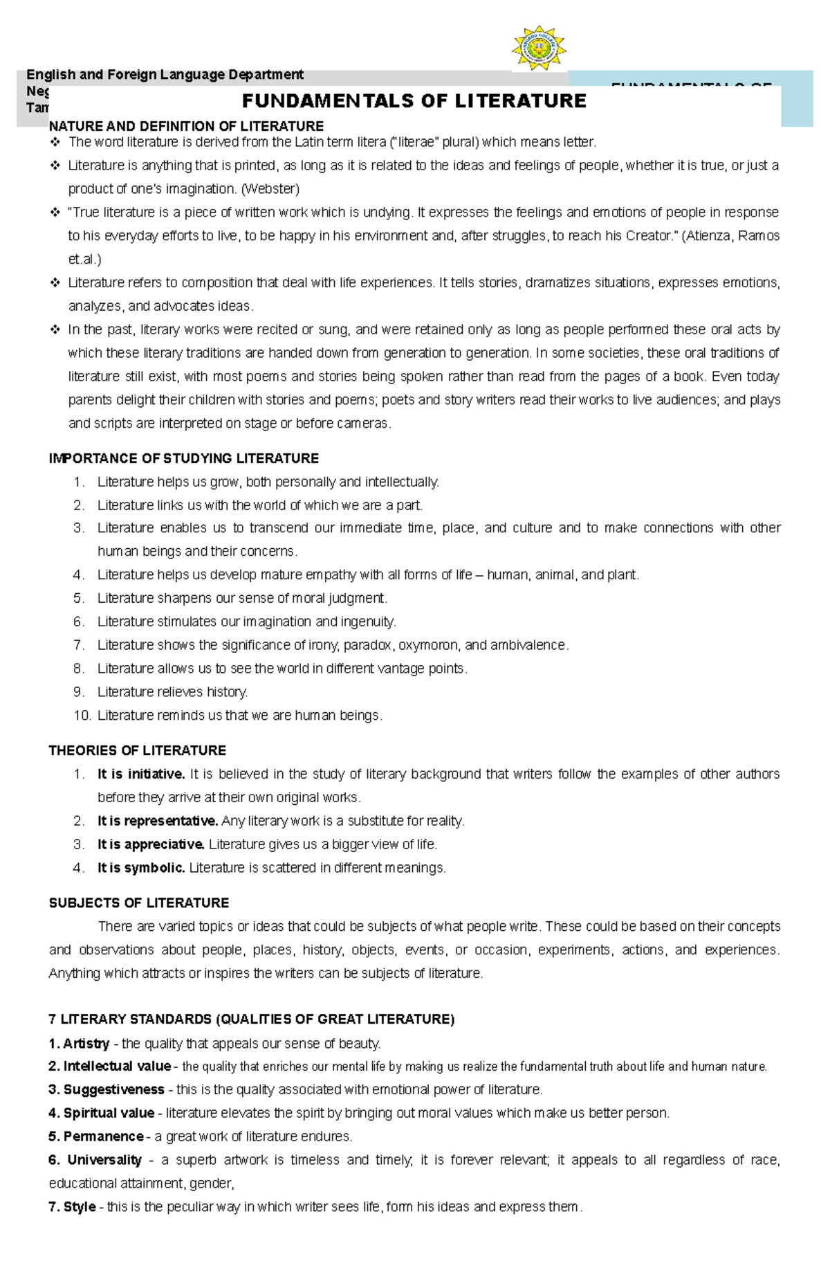 Concept-Notes- Fundamentals-of-Literature- Philippine-Lit- 7pages-only ...