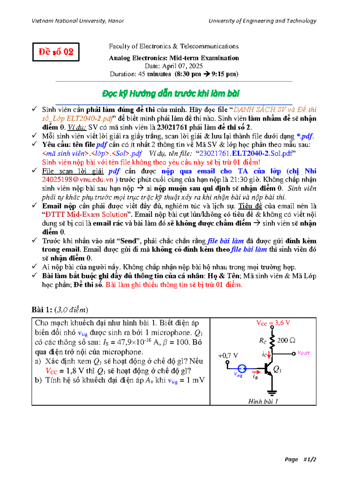 Midterm Exam - Đề số 02 - Analog Electronics - VNU UET - Studocu