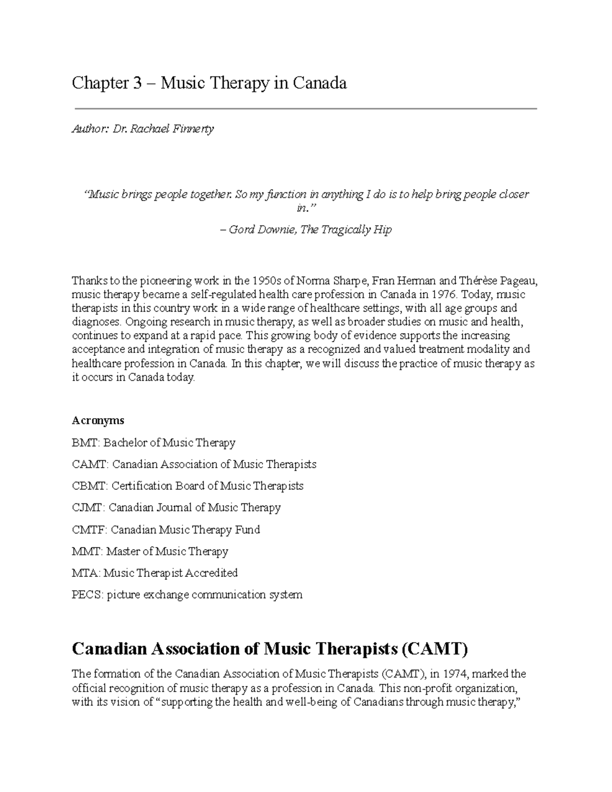 Chapter 3 - Music Therapy in Canada: Evolution and Impact (MU2MT3 ...
