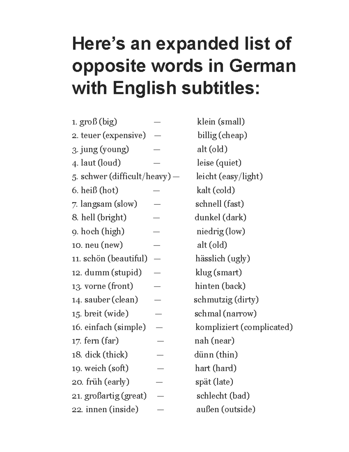German Opposite Words - Class Lesson Notes - Studocu