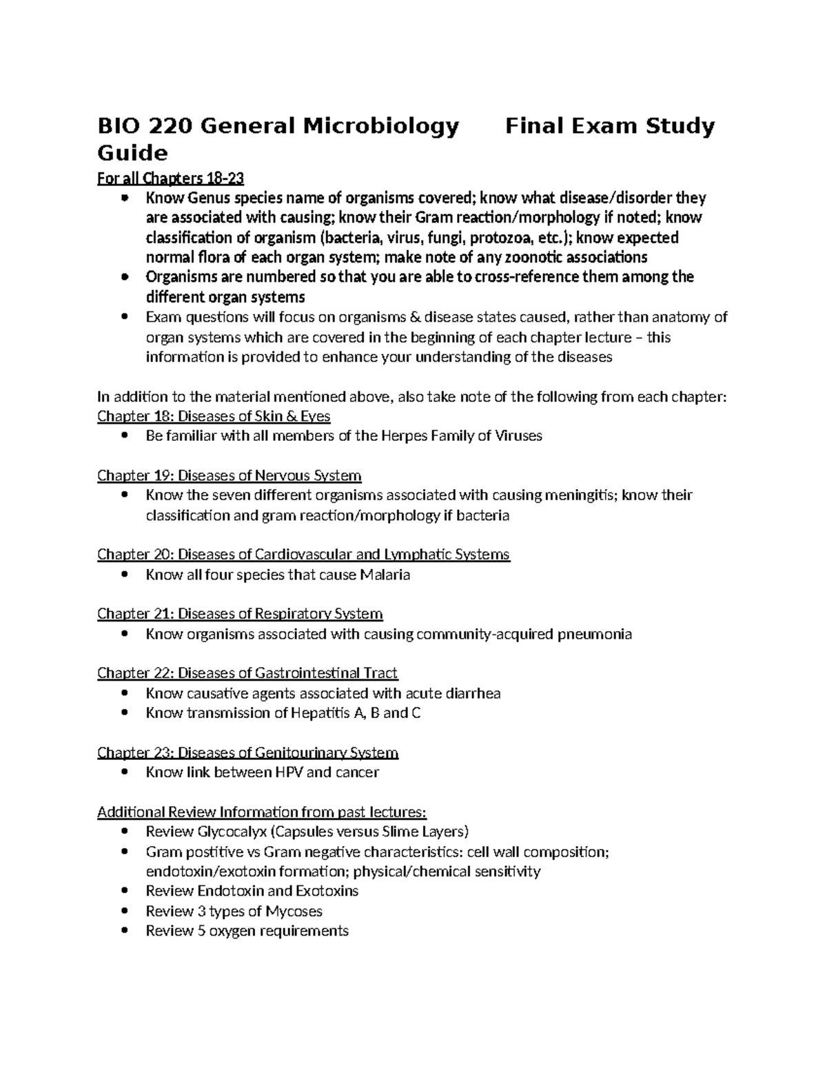 BIO 220 Final Exam Study Guide for General Microbiology Concepts - Studocu