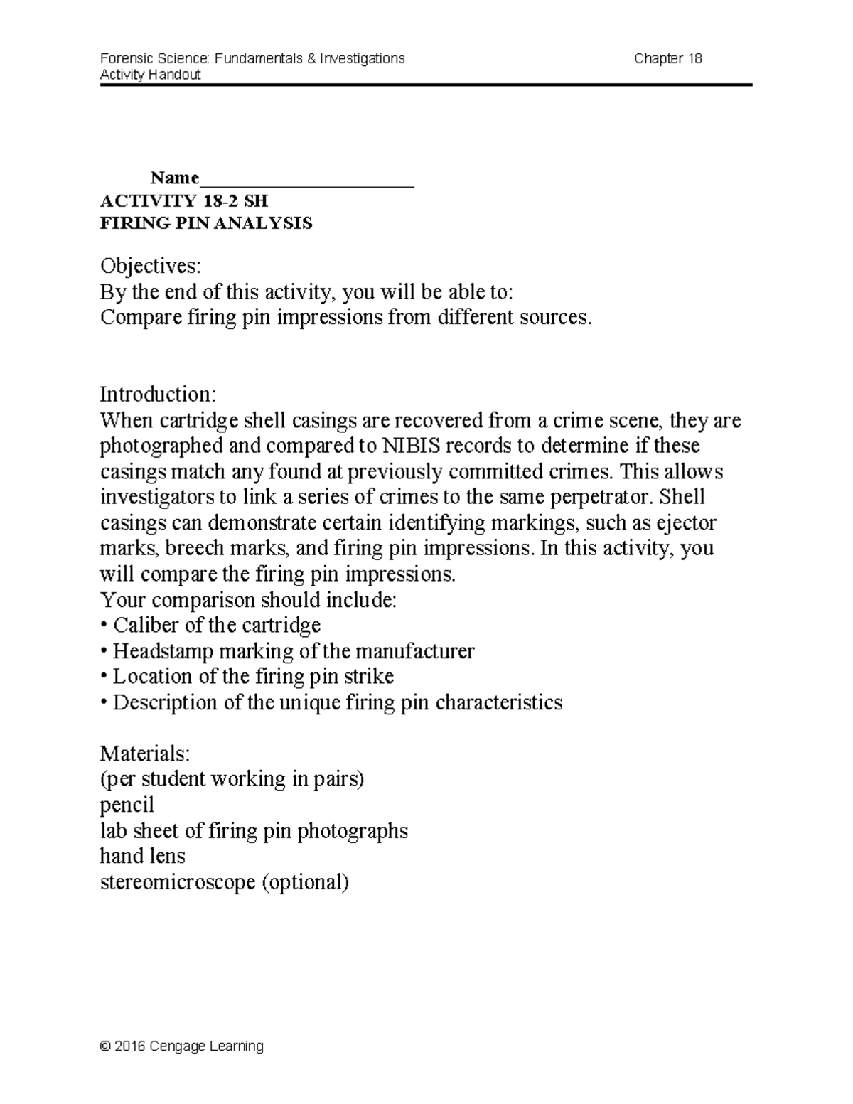 Forensic Science (FS 210): Firing Pin Analysis Activity Handout ...