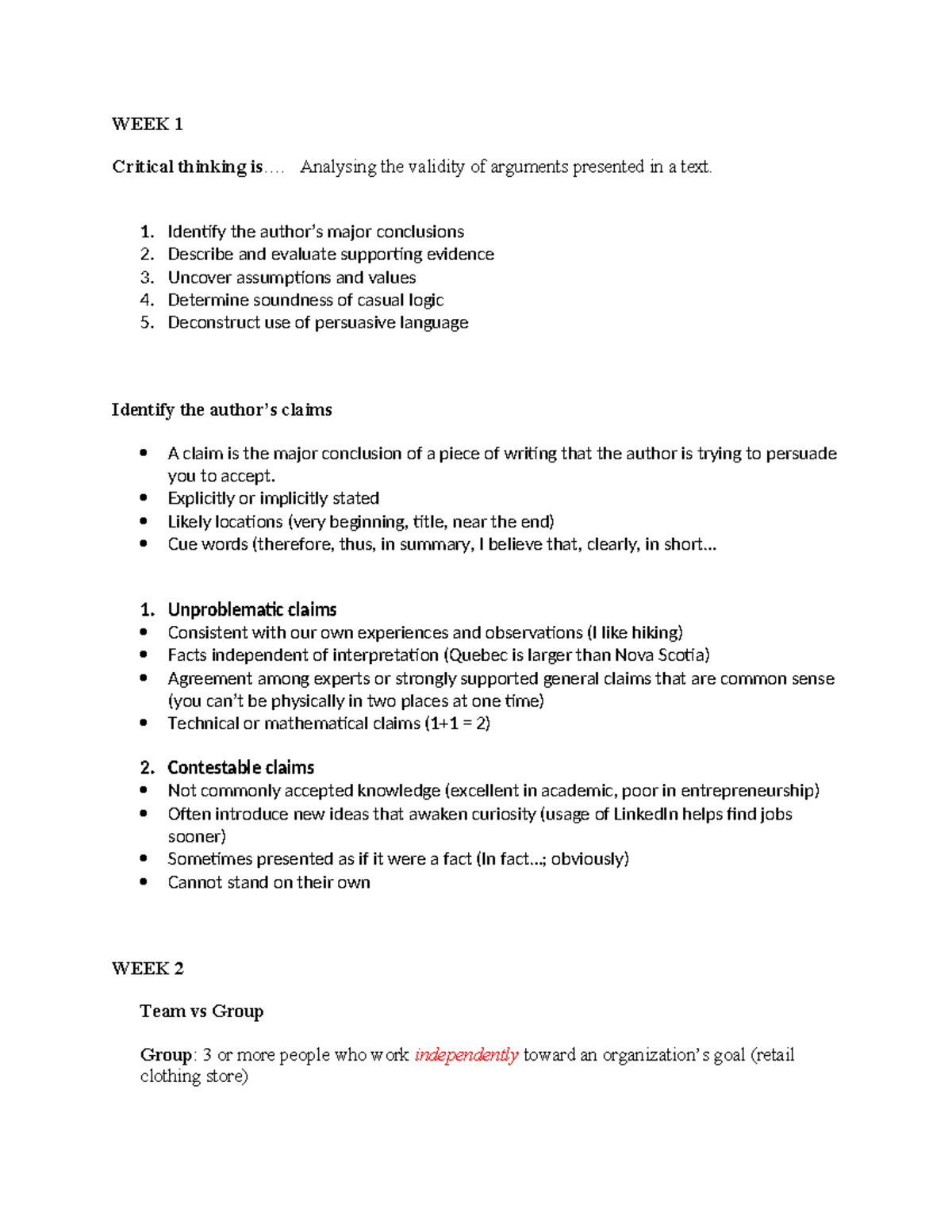 Comm 229 Week 1-6 critical thinking and team dynamics notes - Studocu