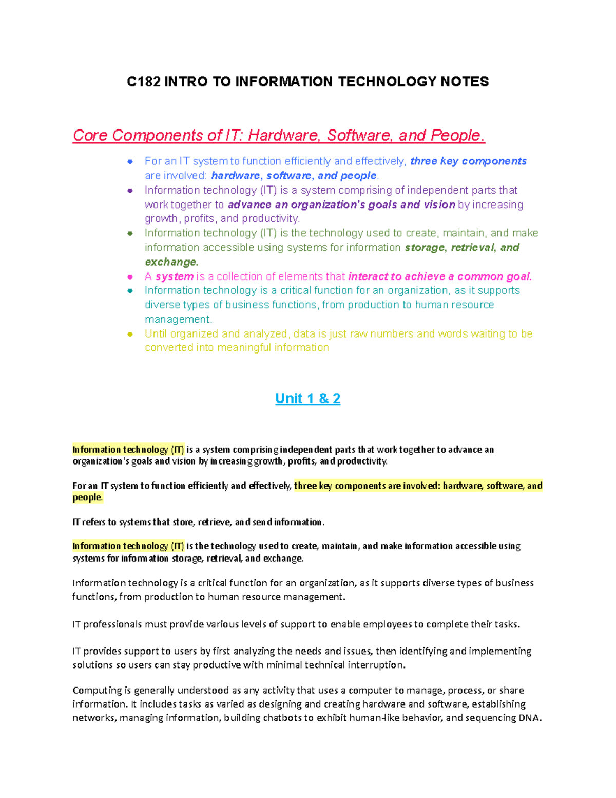 C182 Study Notes Part 1 - C182 INTRO TO INFORMATION TECHNOLOGY NOTES ...