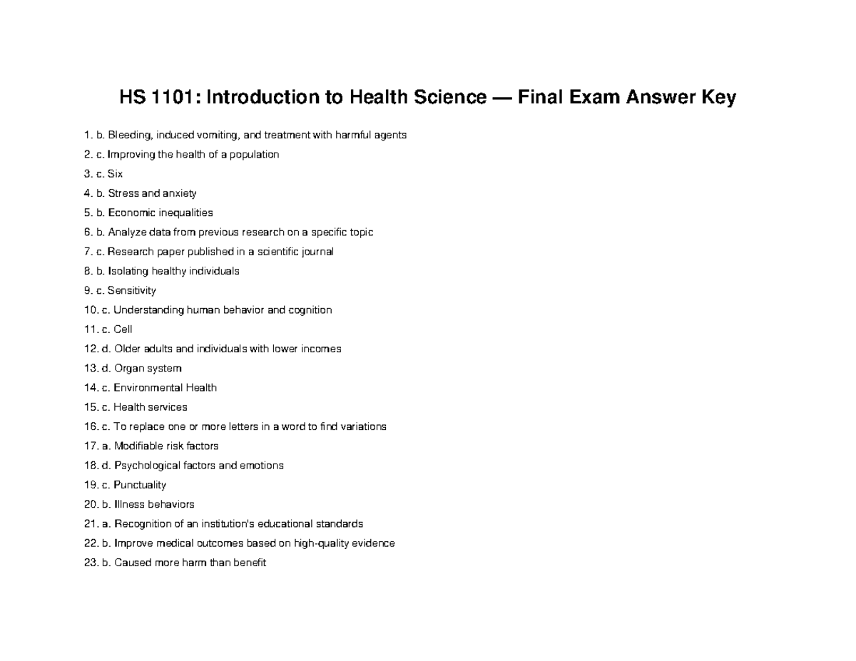HS 1101: Health Science Final Exam Answer Key - Studocu