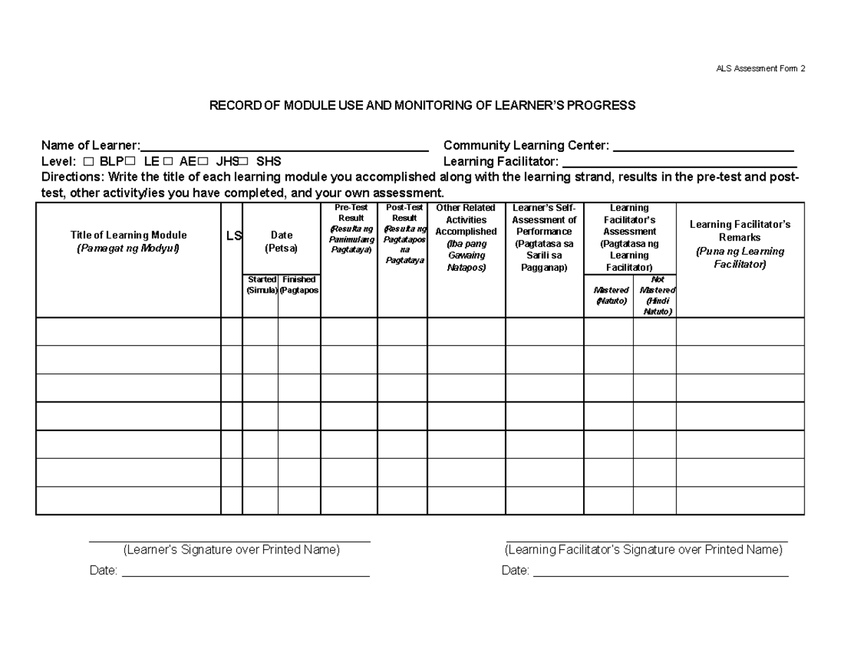 ALS Assessment Form 2: Monitoring Progress & Module Use - Studocu