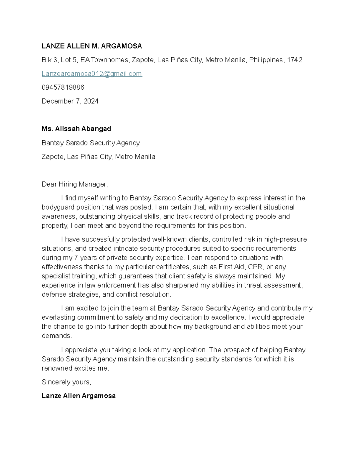 Cover Letter for Bodyguard Position at Bantay Sarado Security Agency ...