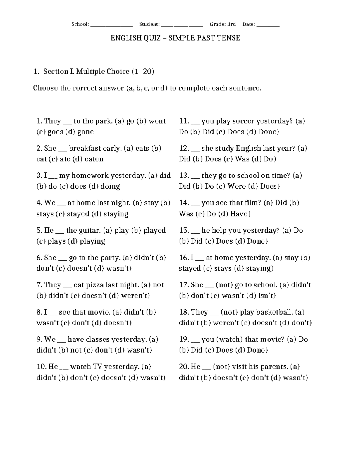 ENGLISH 3RD GRADE QUIZ: SIMPLE PAST TENSE (2 SECTIONS) - Studocu