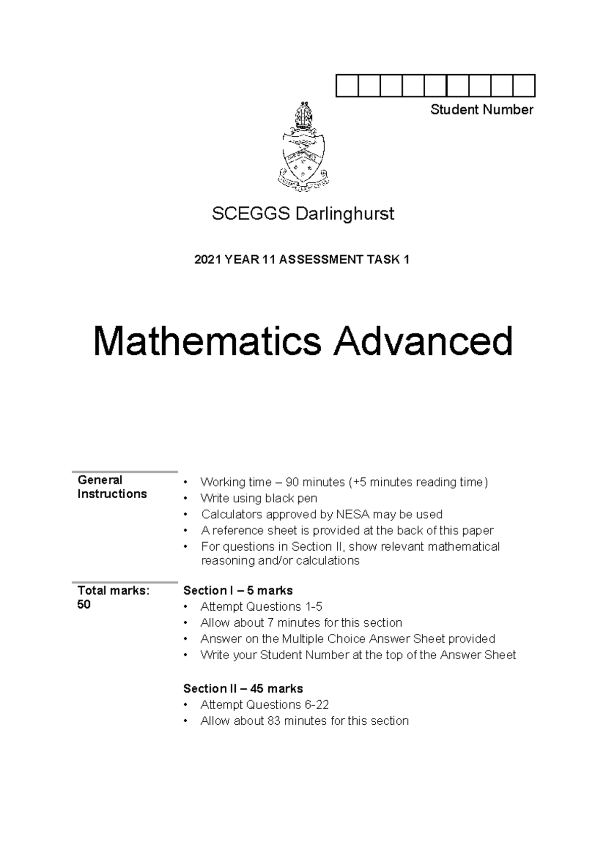 2021 SCEGGS Year 11 Maths advanced - Student Number SCEGGS Darlinghurst ...