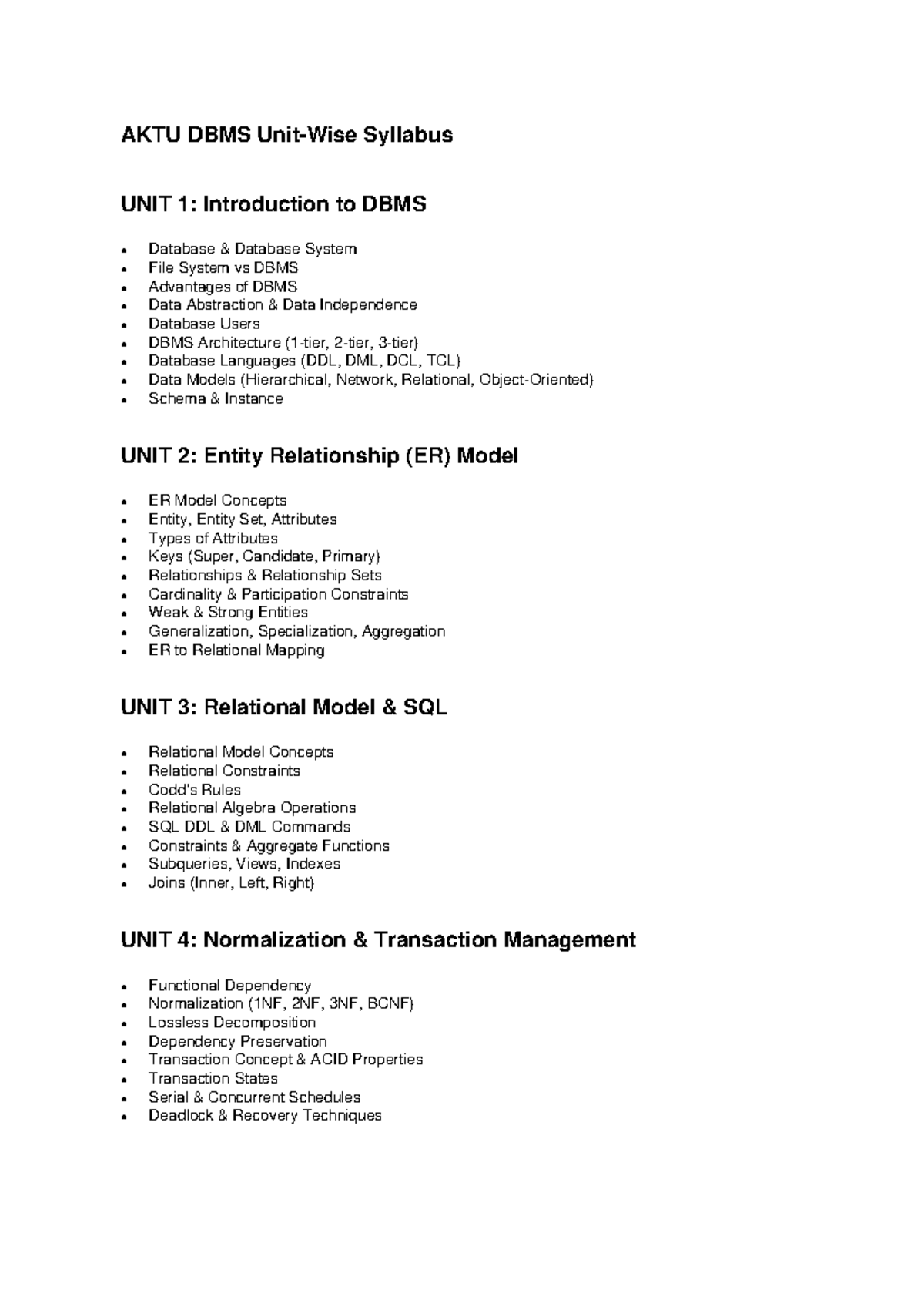 AKTU DBMS Unit Wise Syllabus Overview and Key Concepts - Studocu