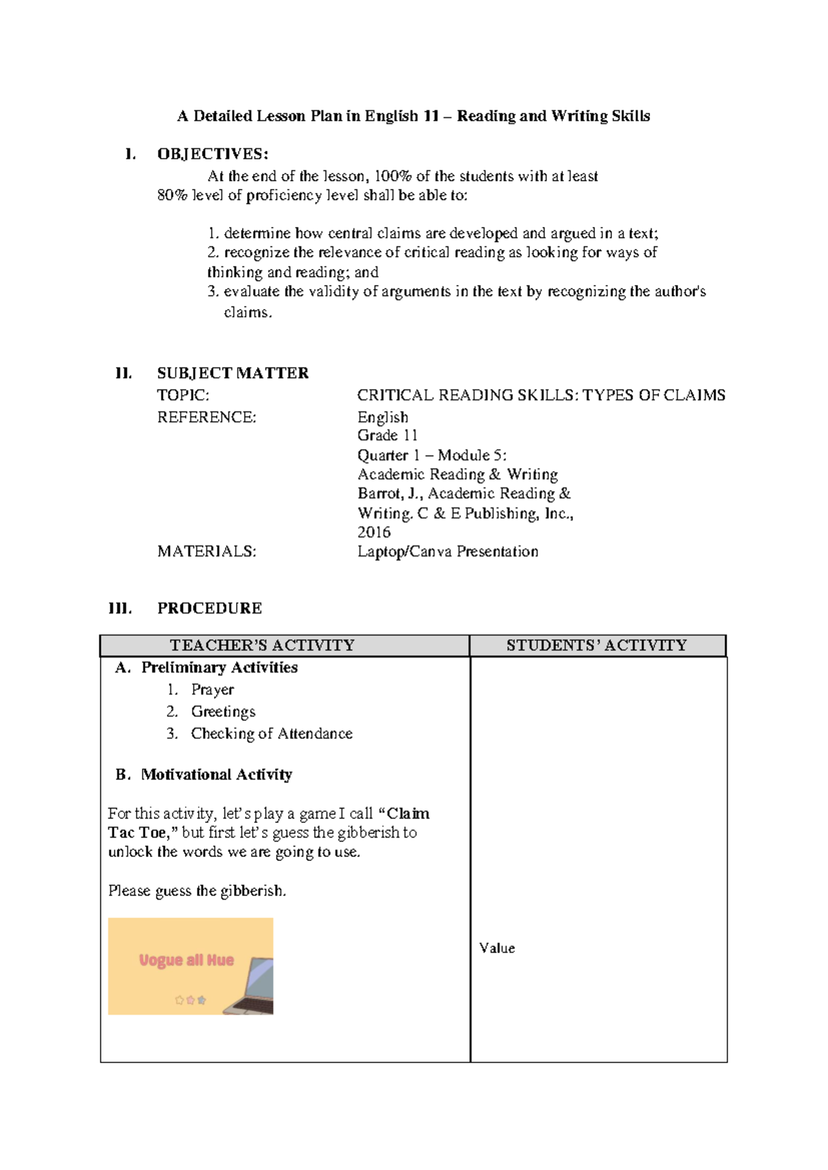 Detailed Lesson Plan: English 11 - Reading & Writing Skills - Studocu
