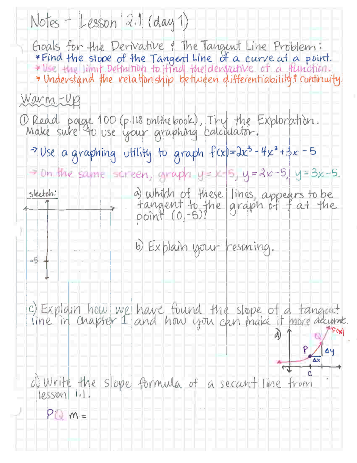 Notes for Lesson 2.1: Goals for the Derivative & Tangent Line Problem ...