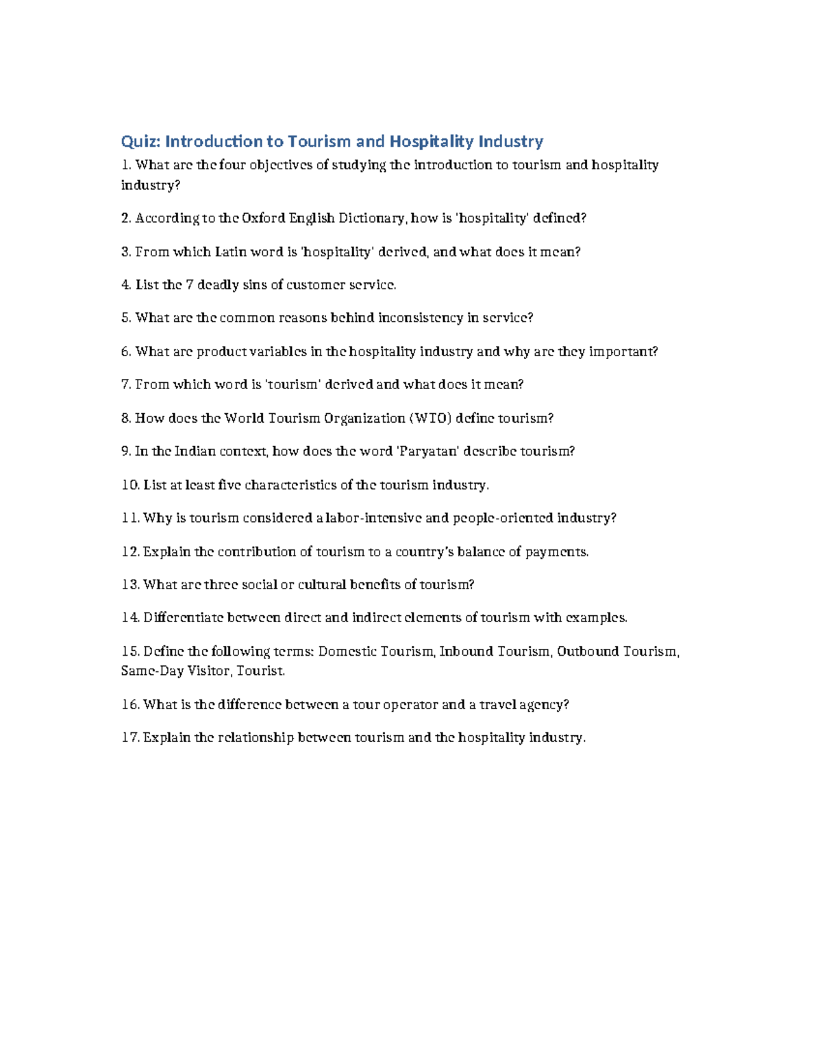 Quiz: Intro to Tourism & Hospitality Industry - Key Concepts - Studocu