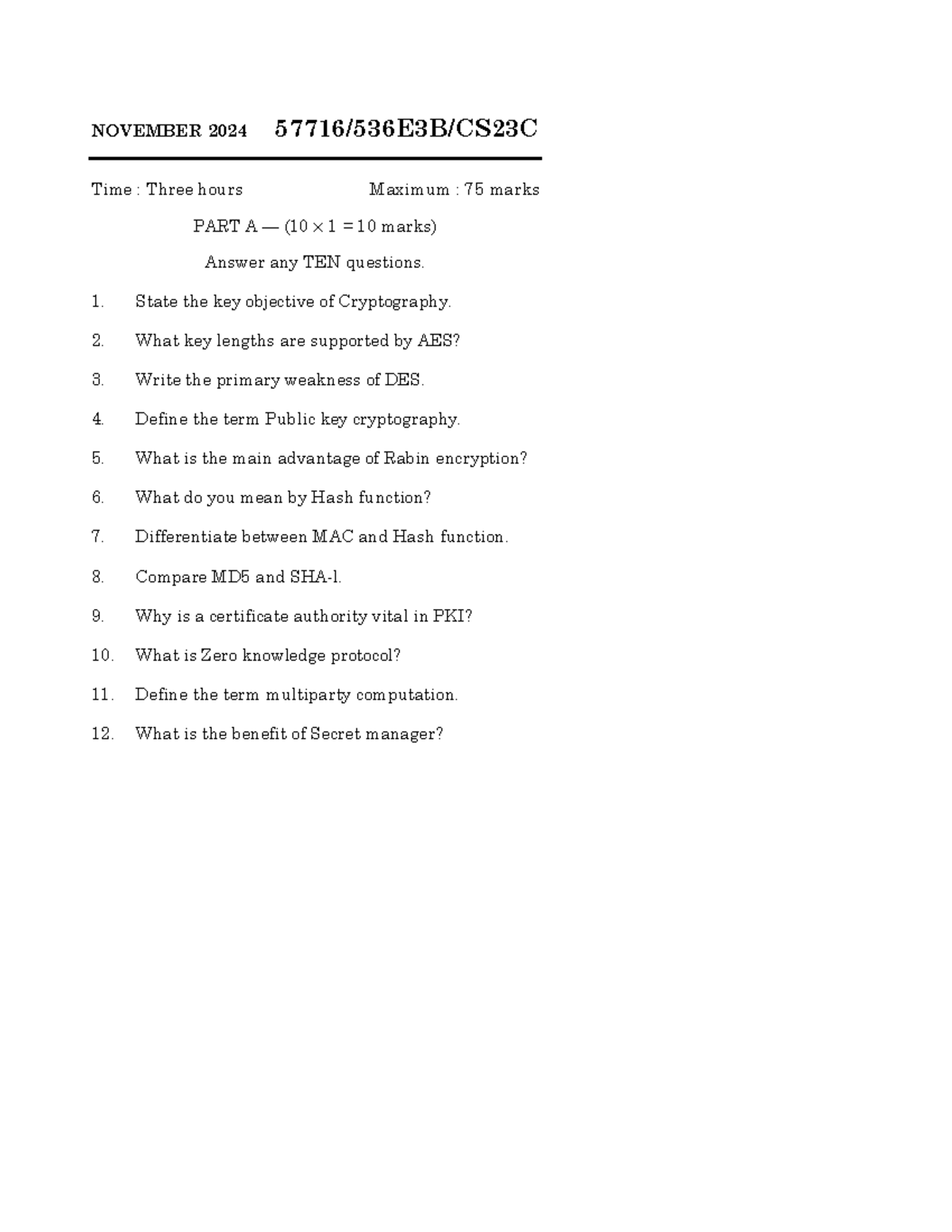 NOV-2024 CG - Cryptography Question Paper (3 Hours, 75 Marks) - Studocu