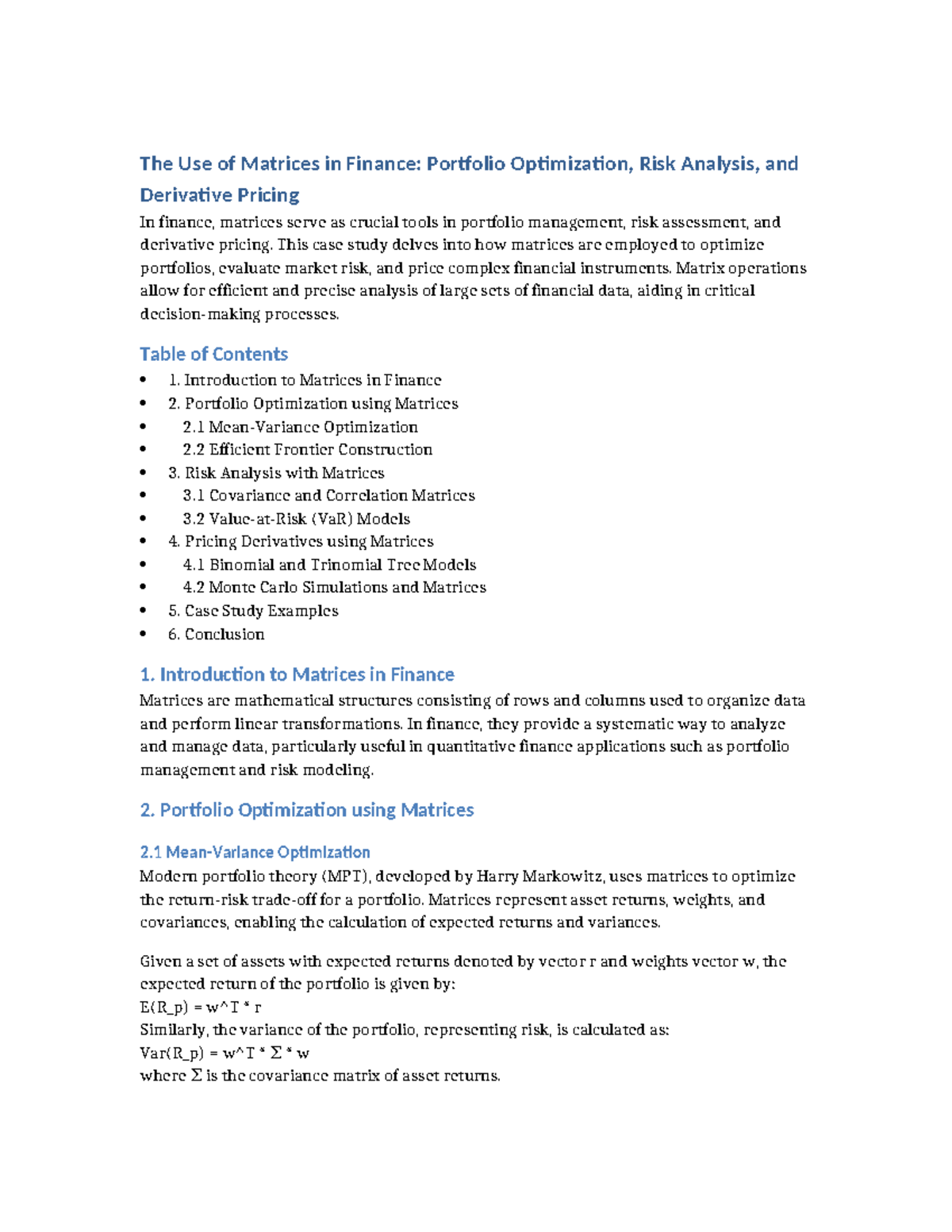 Case Study: Matrices in Finance for Portfolio Optimization and Risk ...
