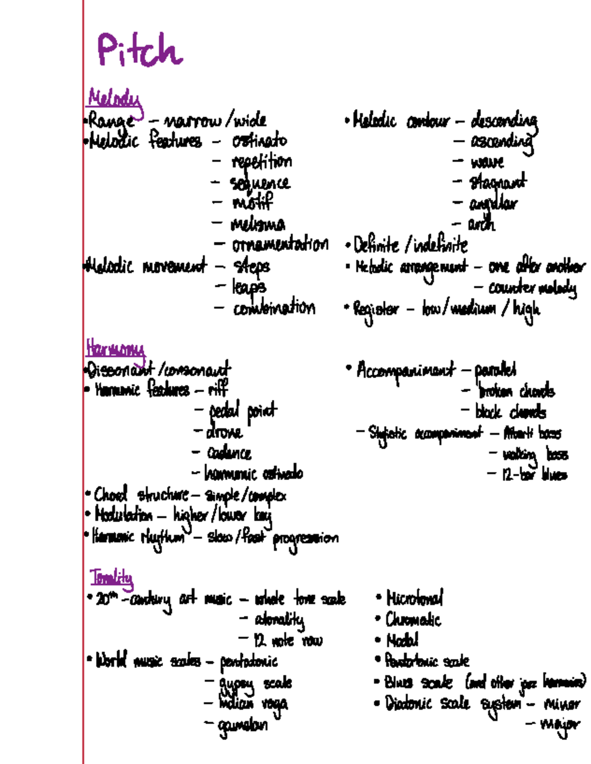 Pitch overview notes - Pitch Melody · Rangenarrowwide Melodic contour ...