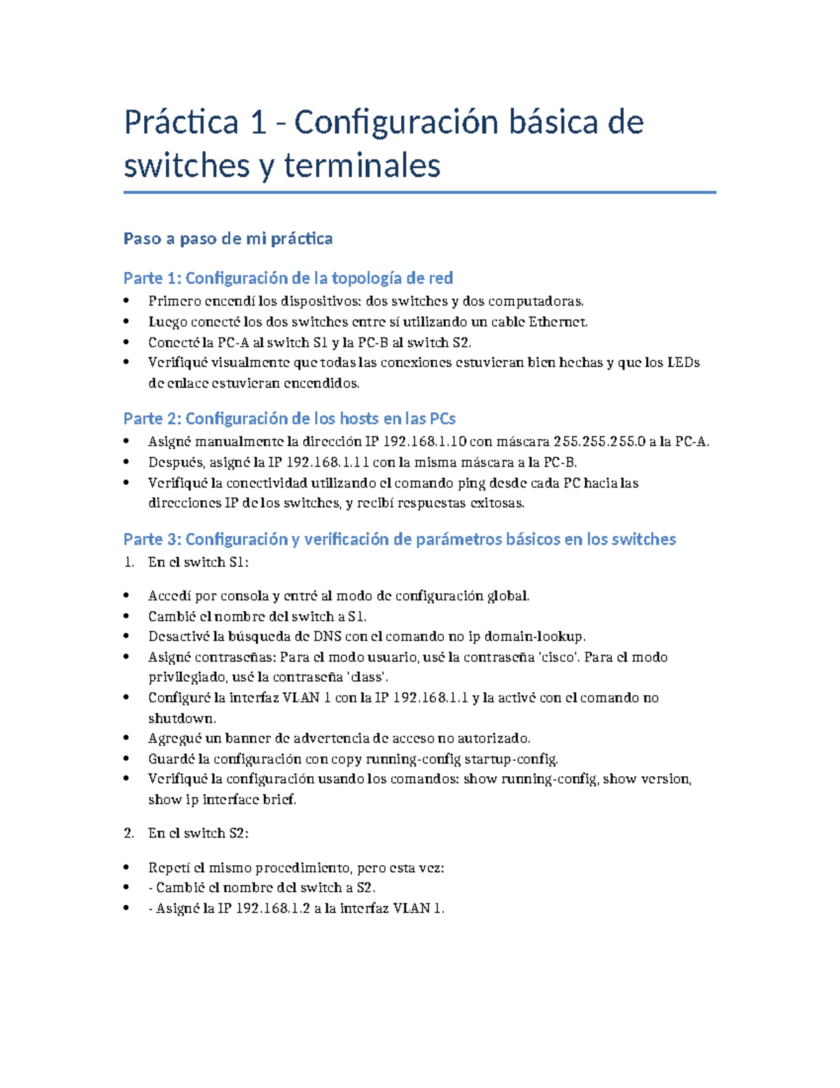 Práctica 1: Configuración Básica de Switches y Terminales - Studocu
