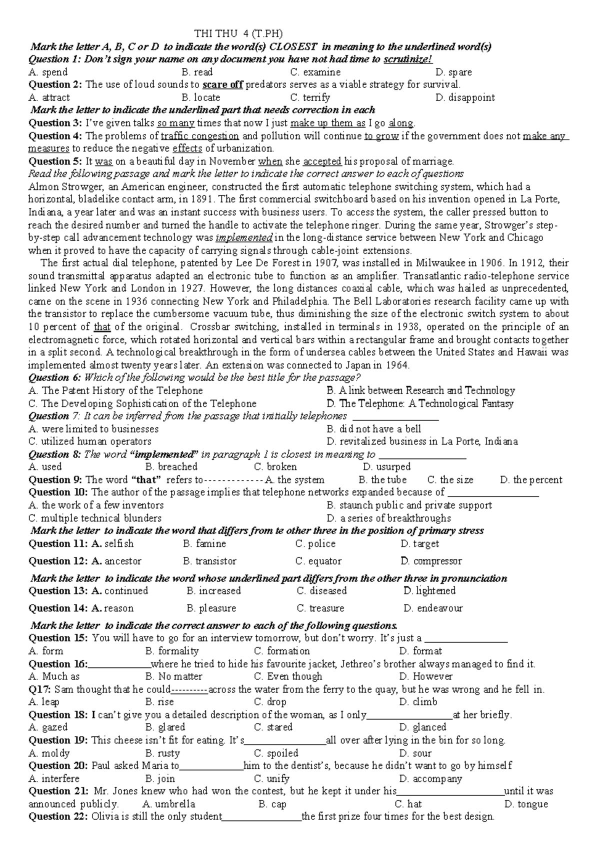 THI THU 4 (T.PH) - Vocabulary and Grammar Practice Test - Studocu