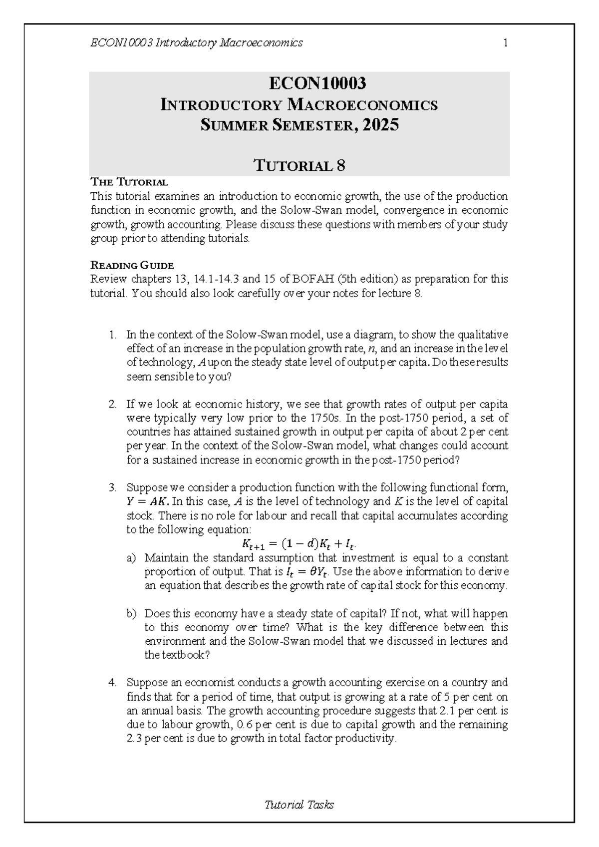 Tutorial 8 Summer Term - ECON10003 Introductory Macroeconomics Tutorial ...