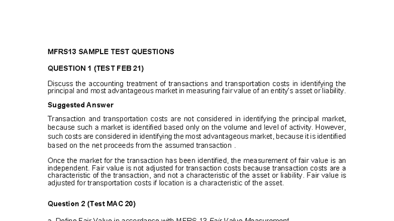 MFRS13 Sample Past Test Questions and Answers - Studocu