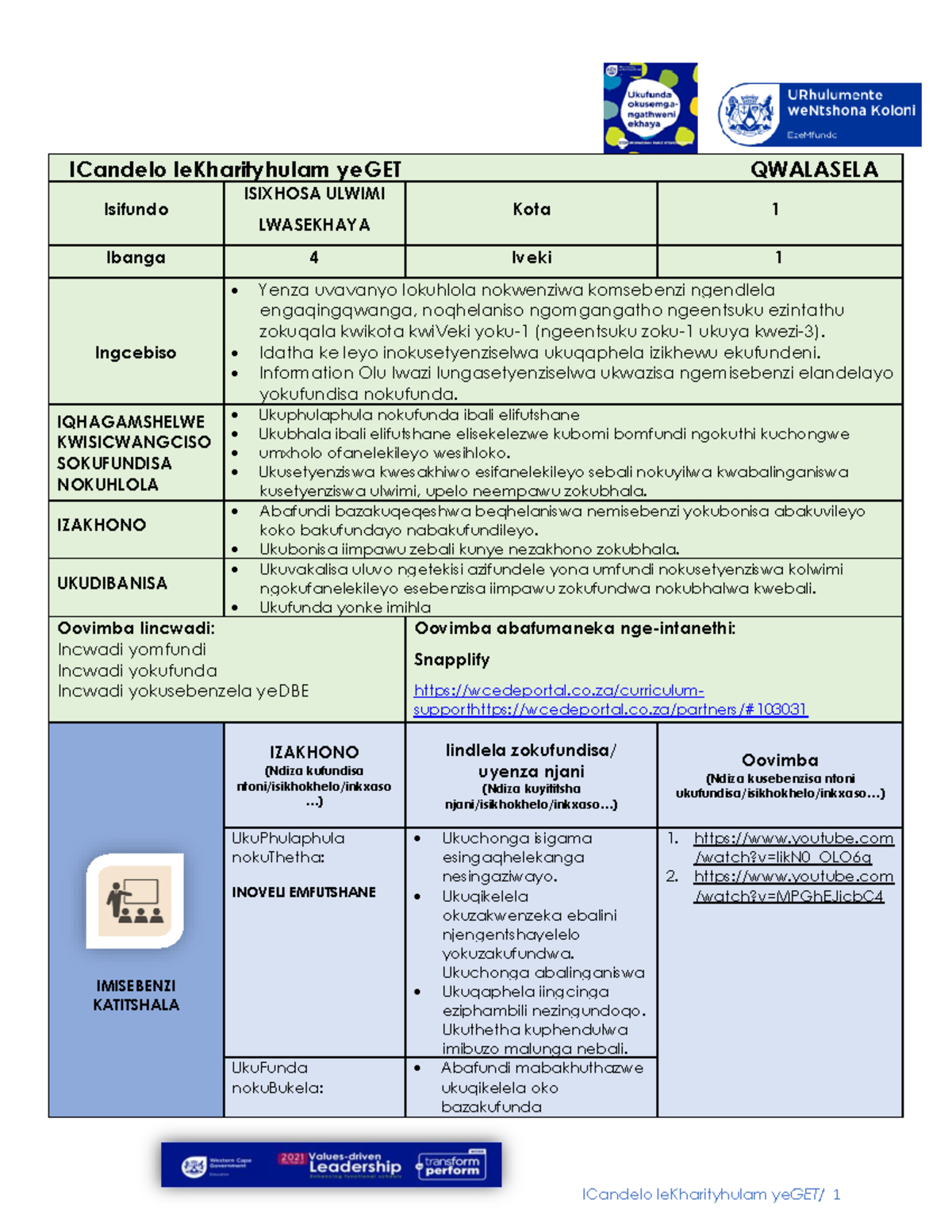 Lesson Plan Gr4 Isi Xhosa HL Term 1 Week 1 Activities - Studocu