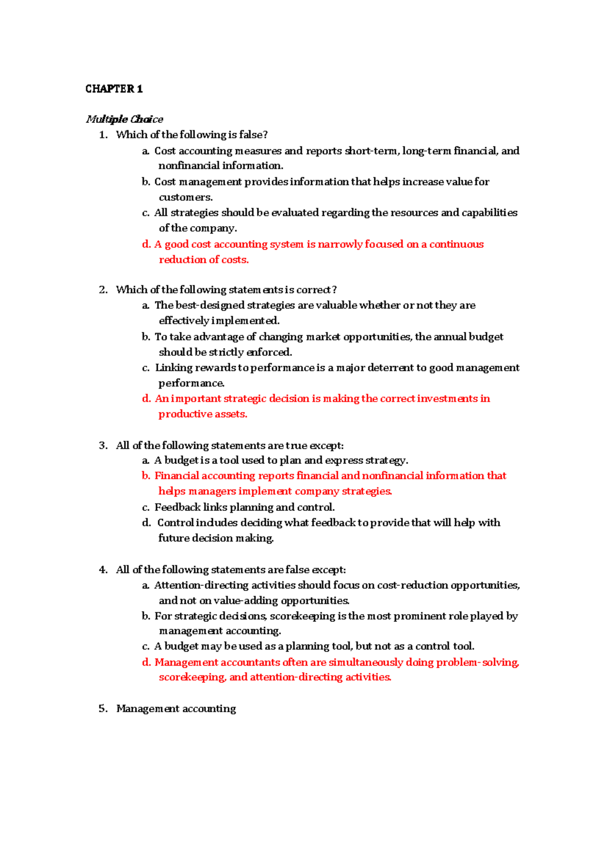 SCM 2021: Strategic Cost Management MCQs for Exam Preparation - Studocu