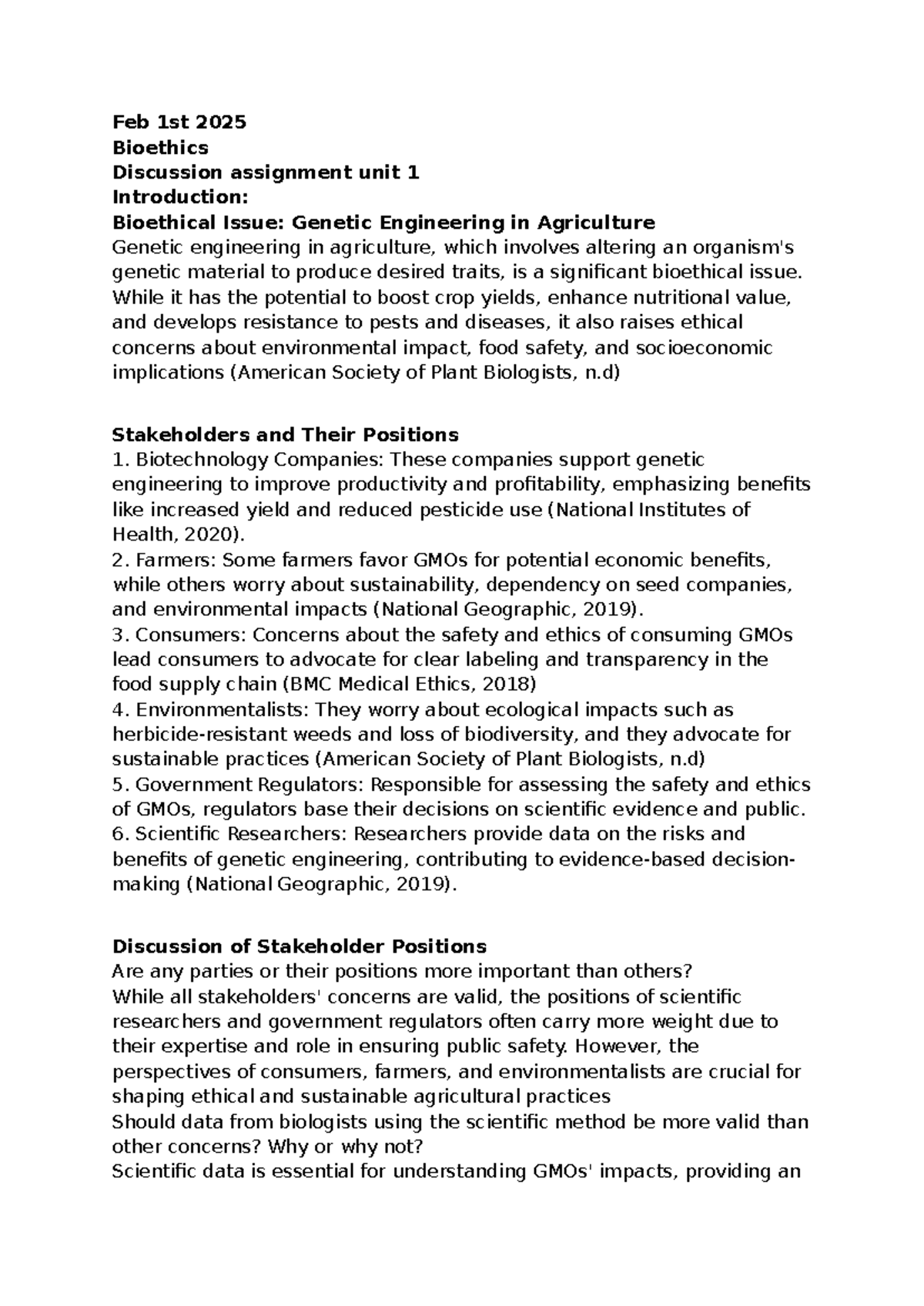 Bioethics Discussion Assignment Unit 1: Genetic Engineering in ...