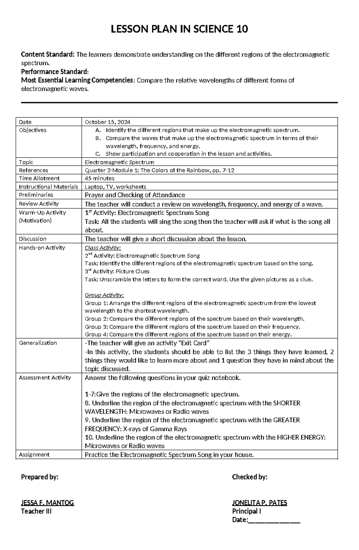 Lesson Plan on Electromagnetic Spectrum - LESSON PLAN IN SCIENCE 10 ...