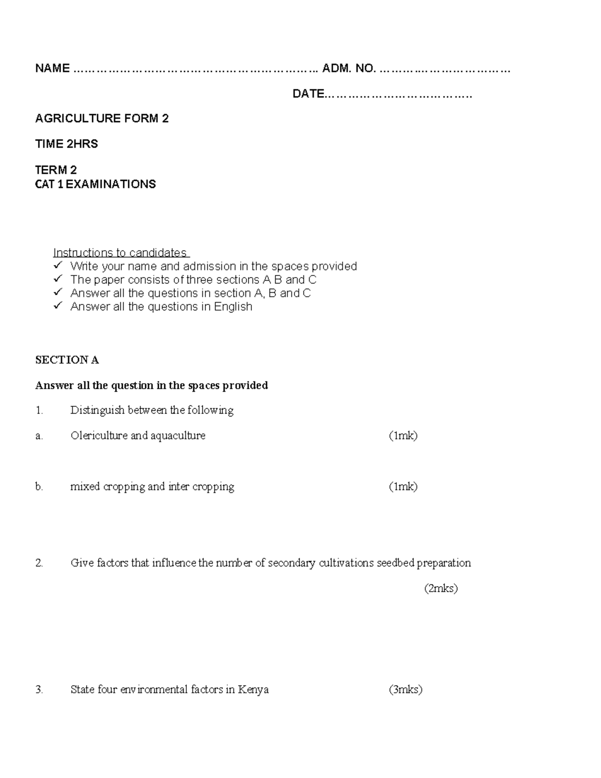 Agriculture Form 2 CAT 1 Exam - Term 2 Questions and Instructions - Studocu