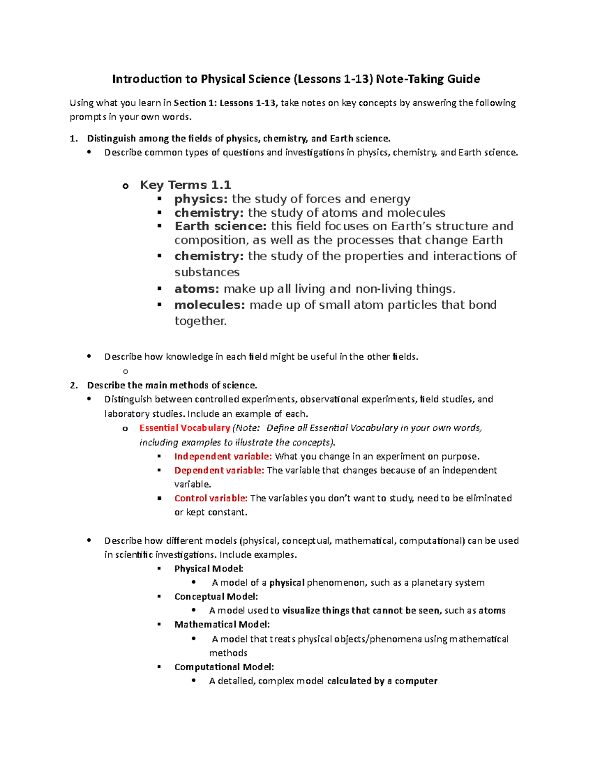 Section 1: Physical Science Intro Notes (Lessons 1-13) - Studocu