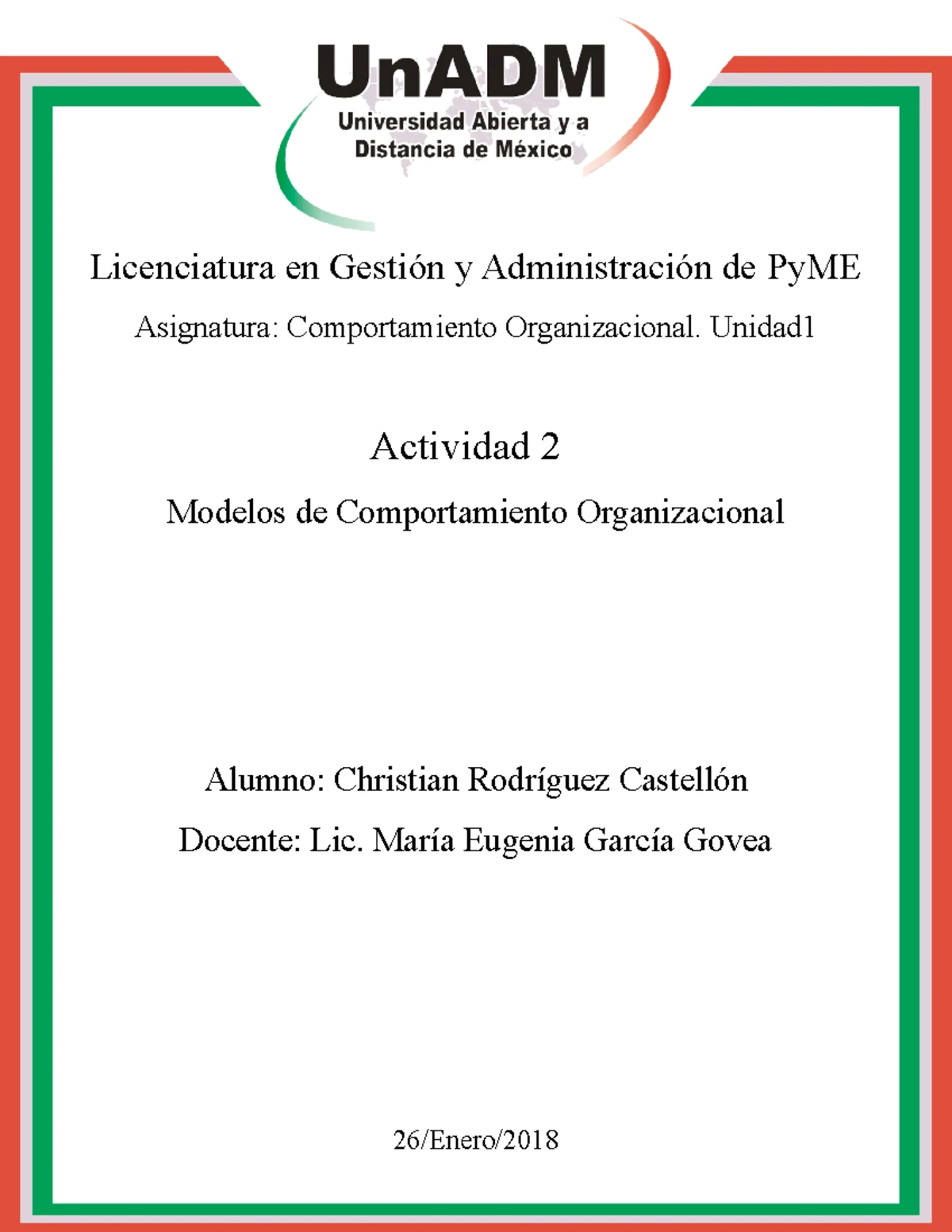 Planificación de Actividades: Comportamiento Organizacional GCOR U1 ...