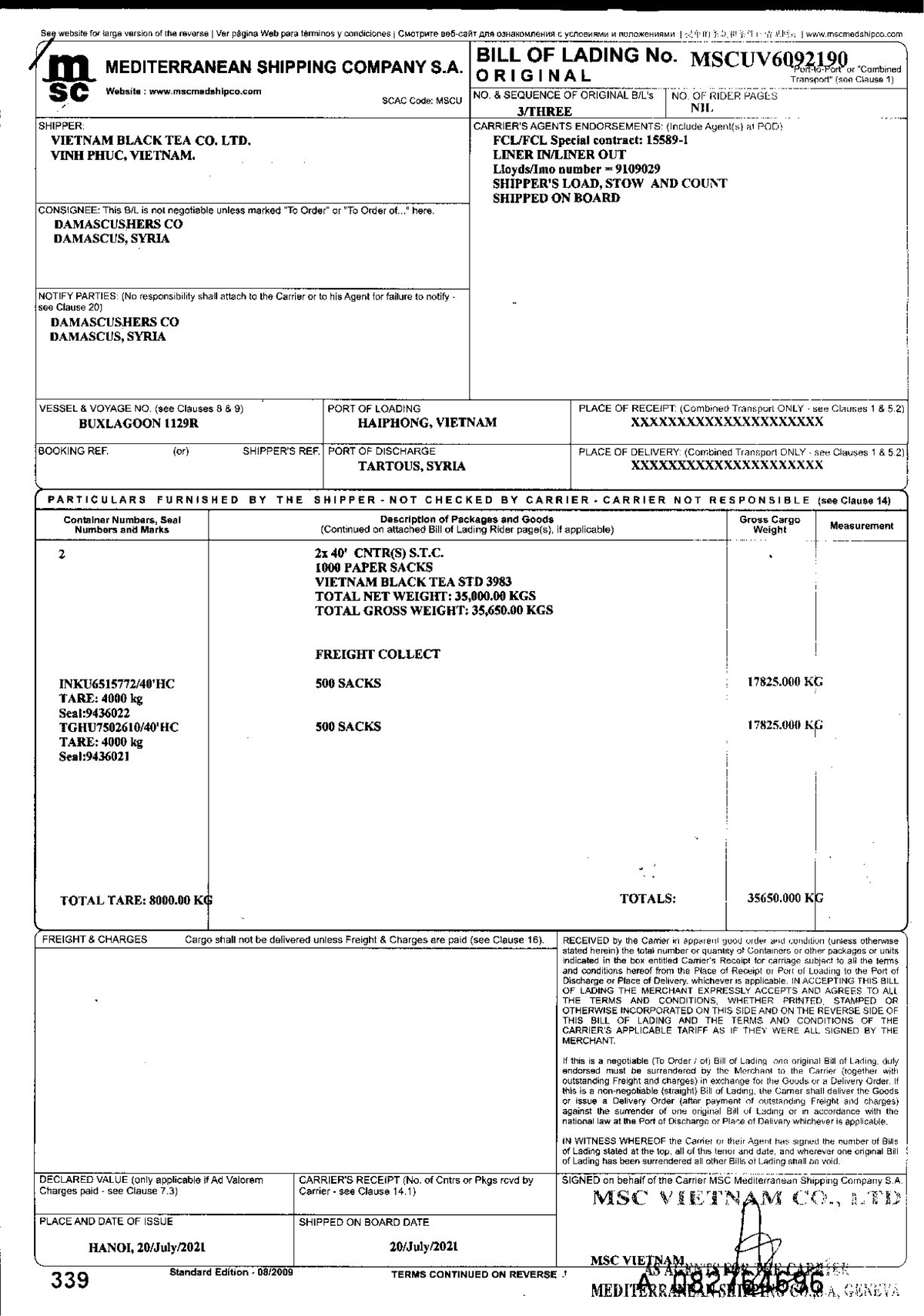 BILL OF LADING 072021 - Nguyên Lý Kế Toán Overview and Details - Studocu