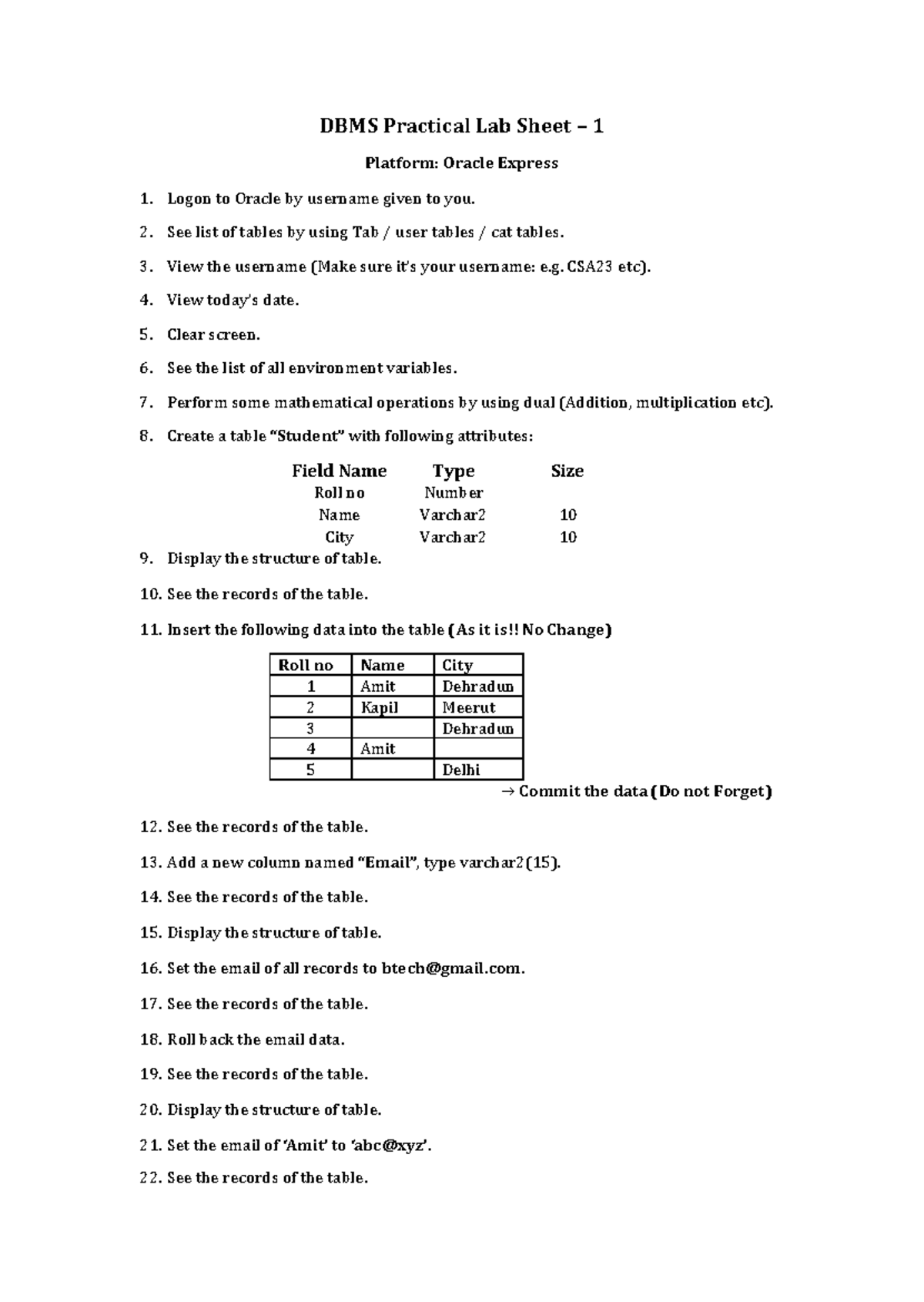 DBMS Practical Lab Sheet 1: Oracle Express Exercises - Studocu
