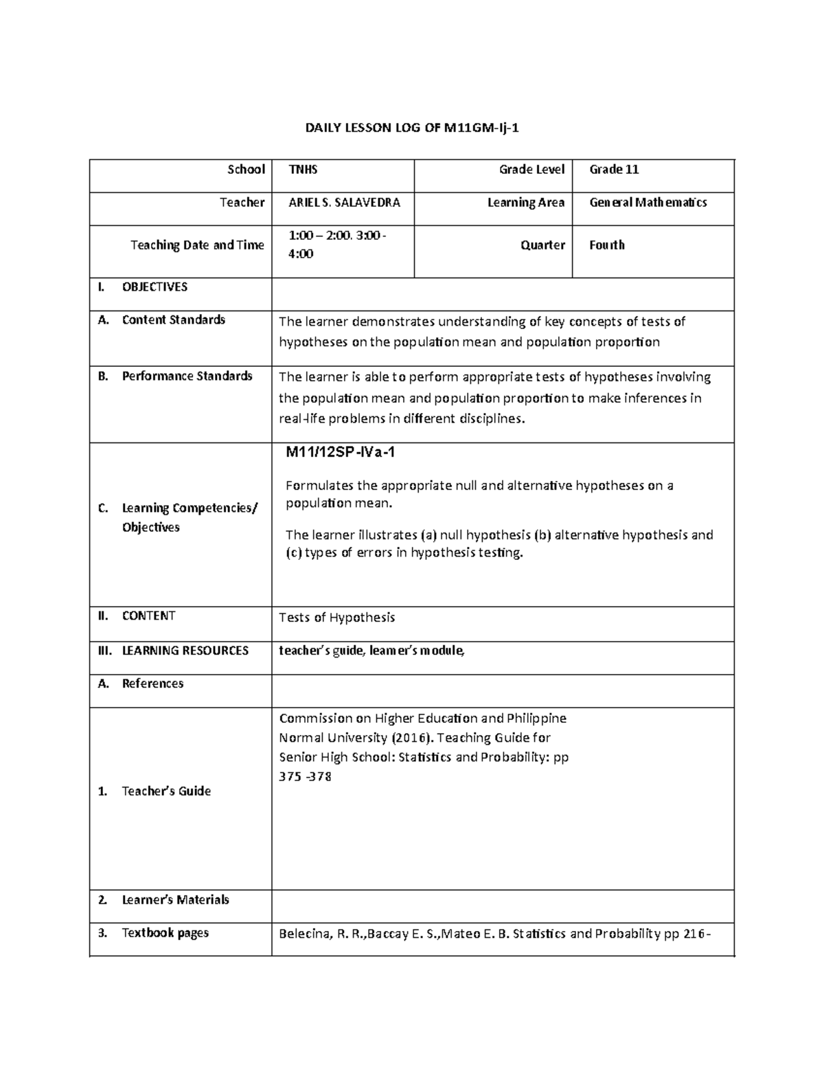 DAILY LESSON LOG: Grade 11 General Math - Hypothesis Testing (GM I-40 ...