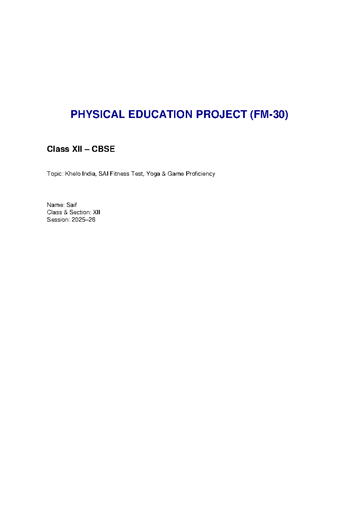 Class 12 PED Project: Khelo India & SAI Fitness Test Overview - Studocu