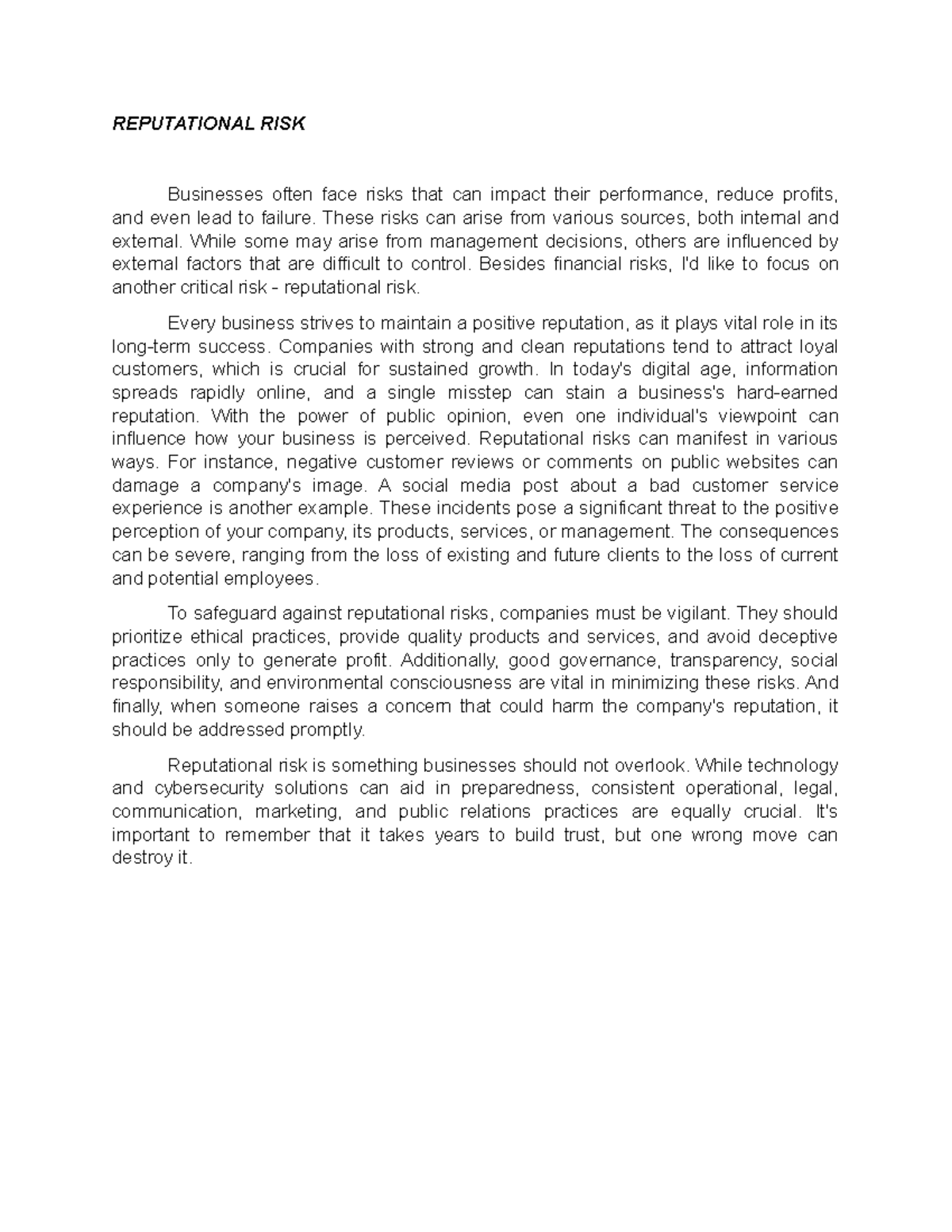 Reputational RISK - Essay - REPUTATIONAL RISK Businesses often face ...