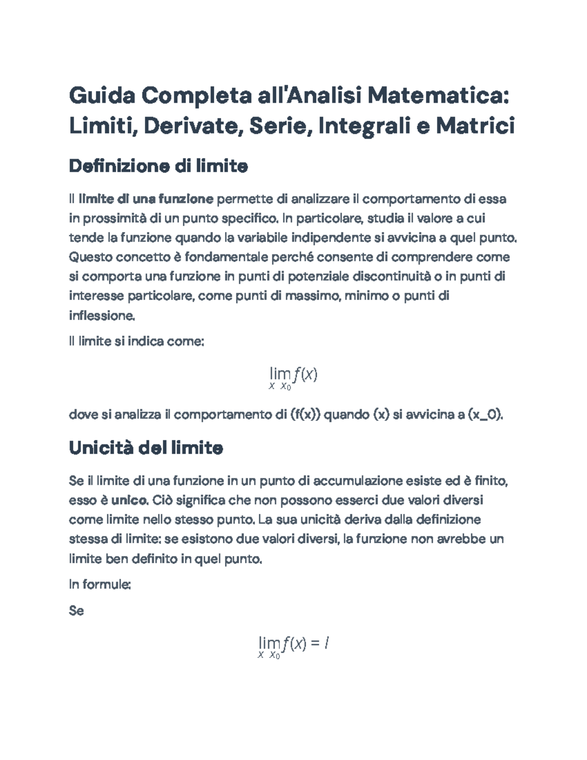 Guida Completa Matematica: Limiti, Derivate, Serie e Integrali - Studocu