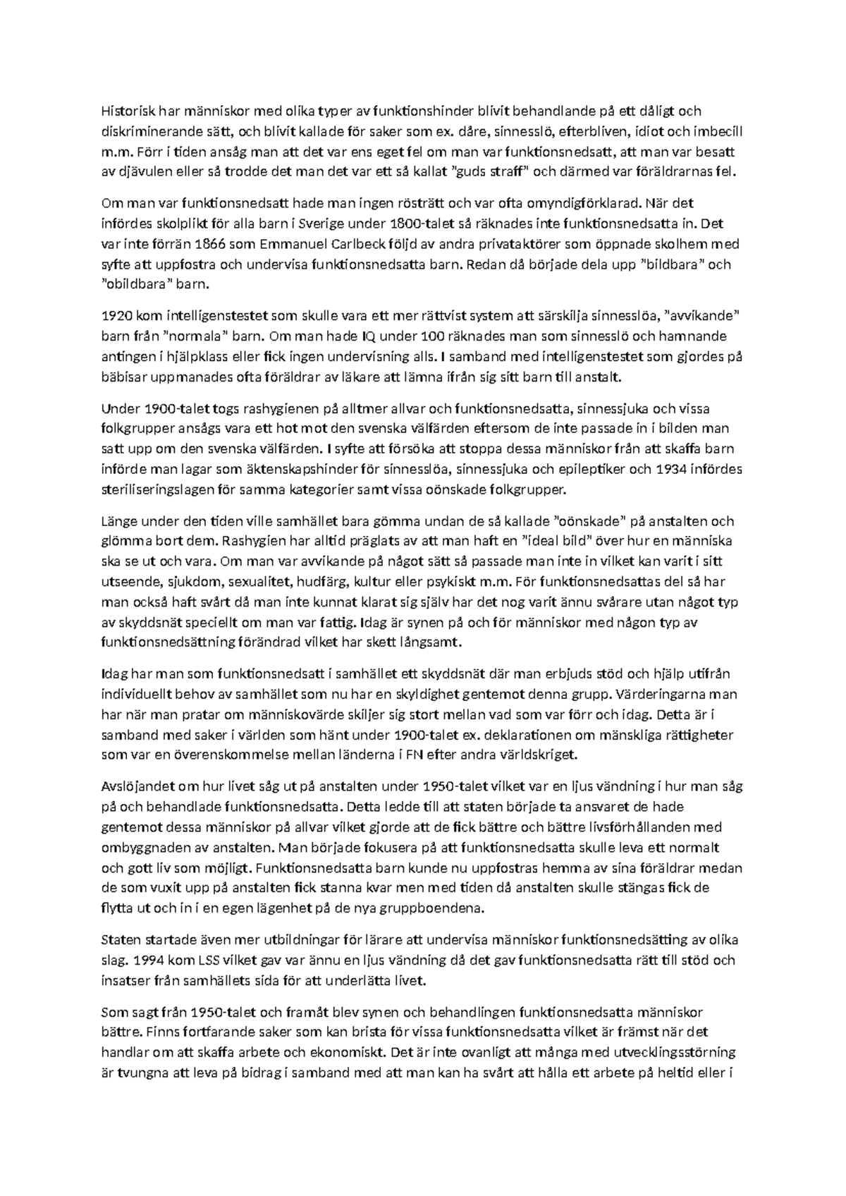 Historisk behandling av funktionsnedsatta: En analys av diskriminering ...