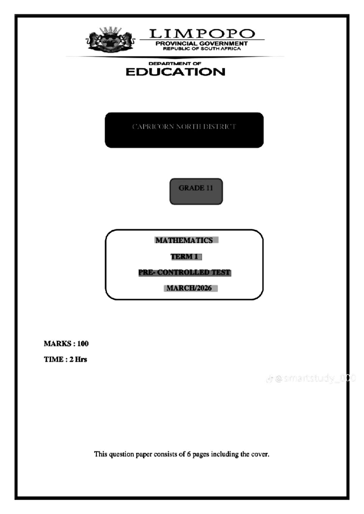 Capricorn North Grade 11 Mathematics Term 1 Controlled Test 2023 - Studocu
