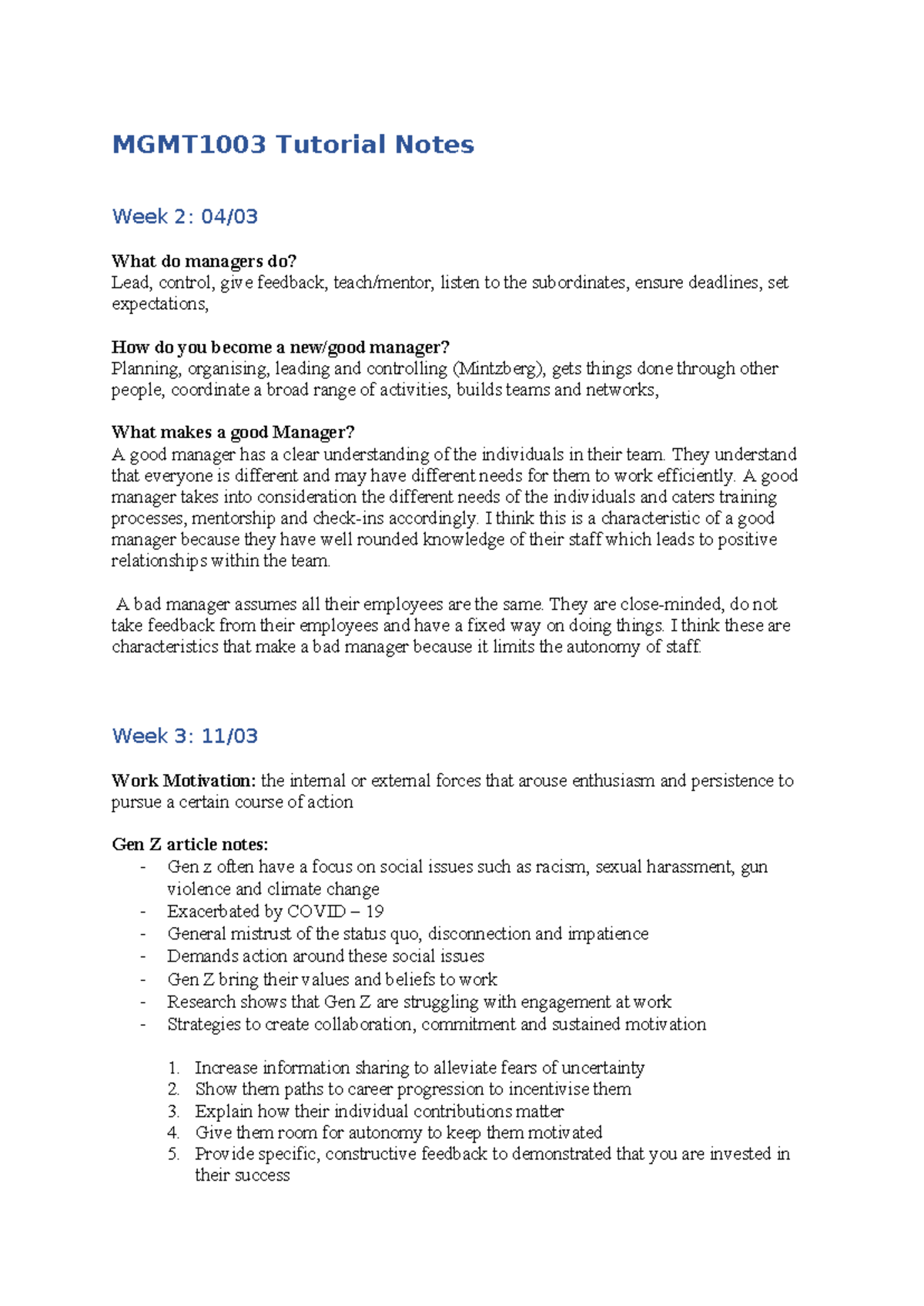 MGMT1003 Tutorial Notes: Managerial Skills & Gen Z Motivation ...