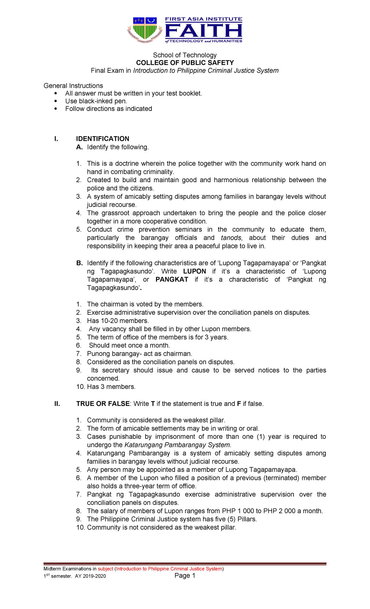 Final Exam - Introduction to Philippine Criminal Justice System - Studocu