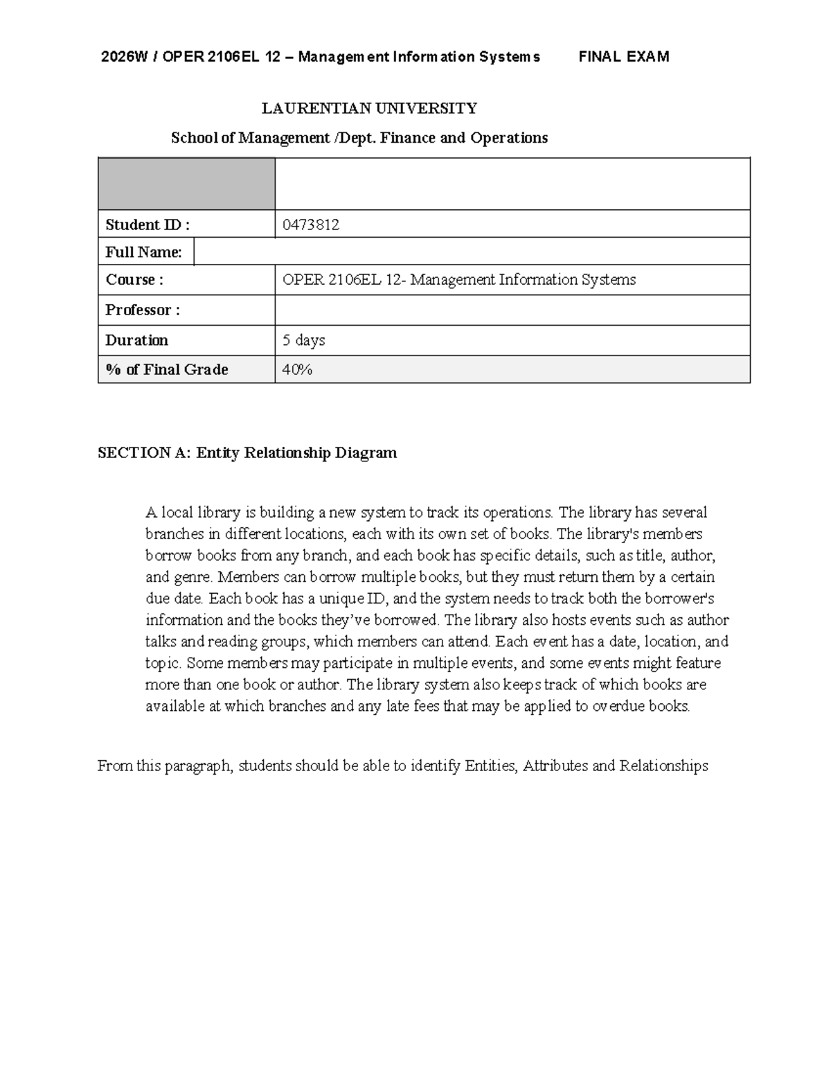 2026W OPER 2106EL Management Information Systems Final Exam Review ...