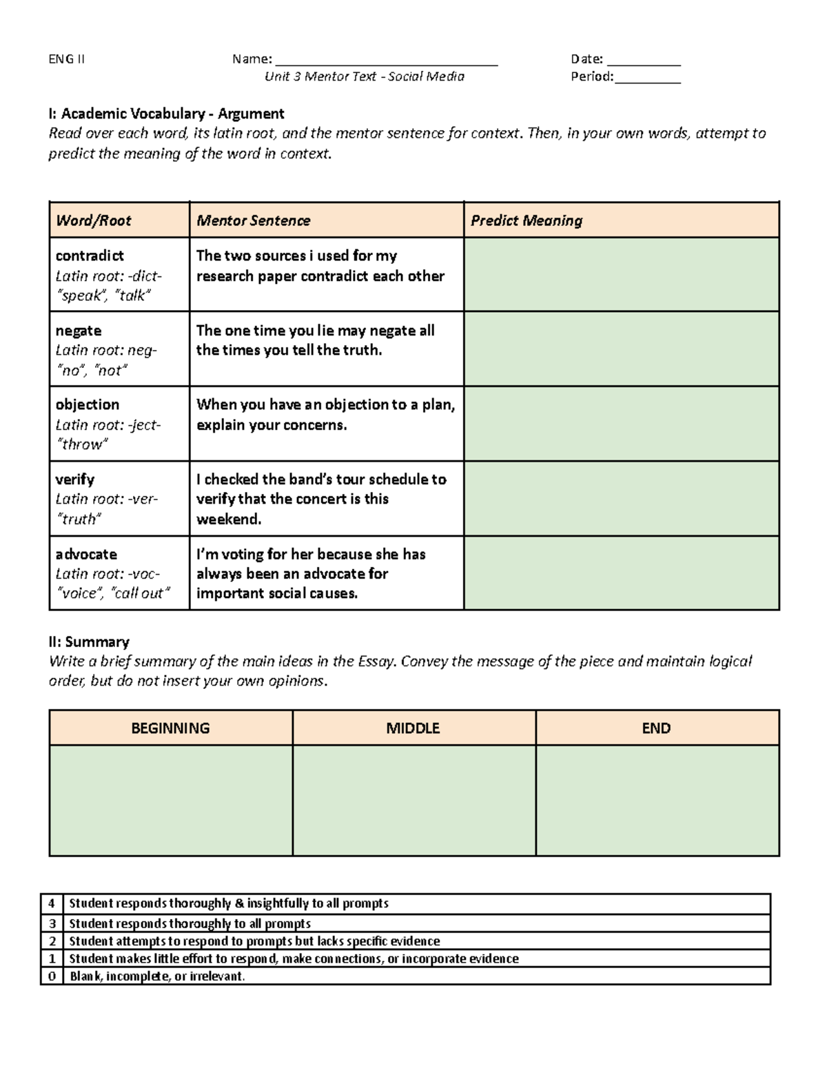 ENG Unit 3 Mentor Text: Academic Vocabulary & Argument Analysis - Studocu