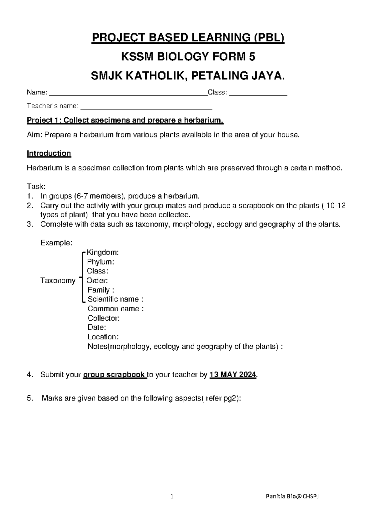 PBL 1 KSSM F5 Biology Project: Herbarium Collection Guide 2024 - Studocu